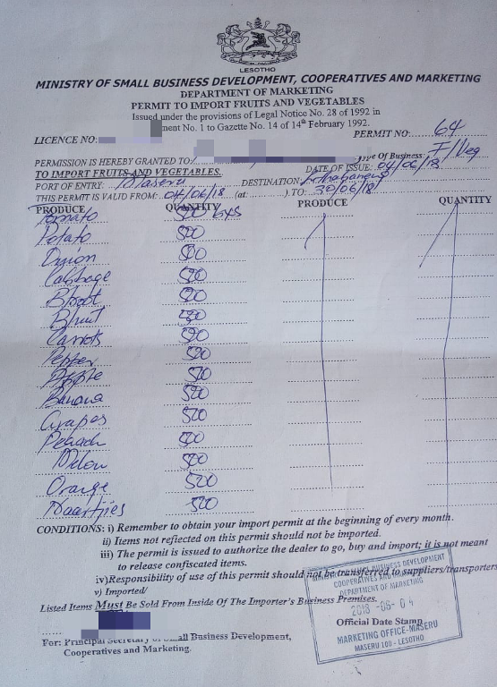 permit to import fruits vegetables