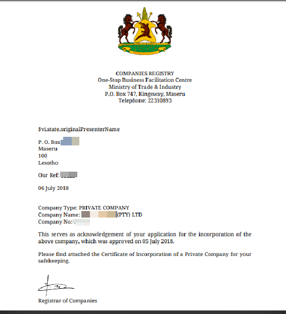 company incorporation confirmation letter