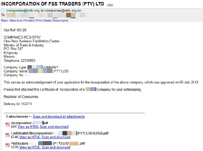 company incorporation confirmation mail