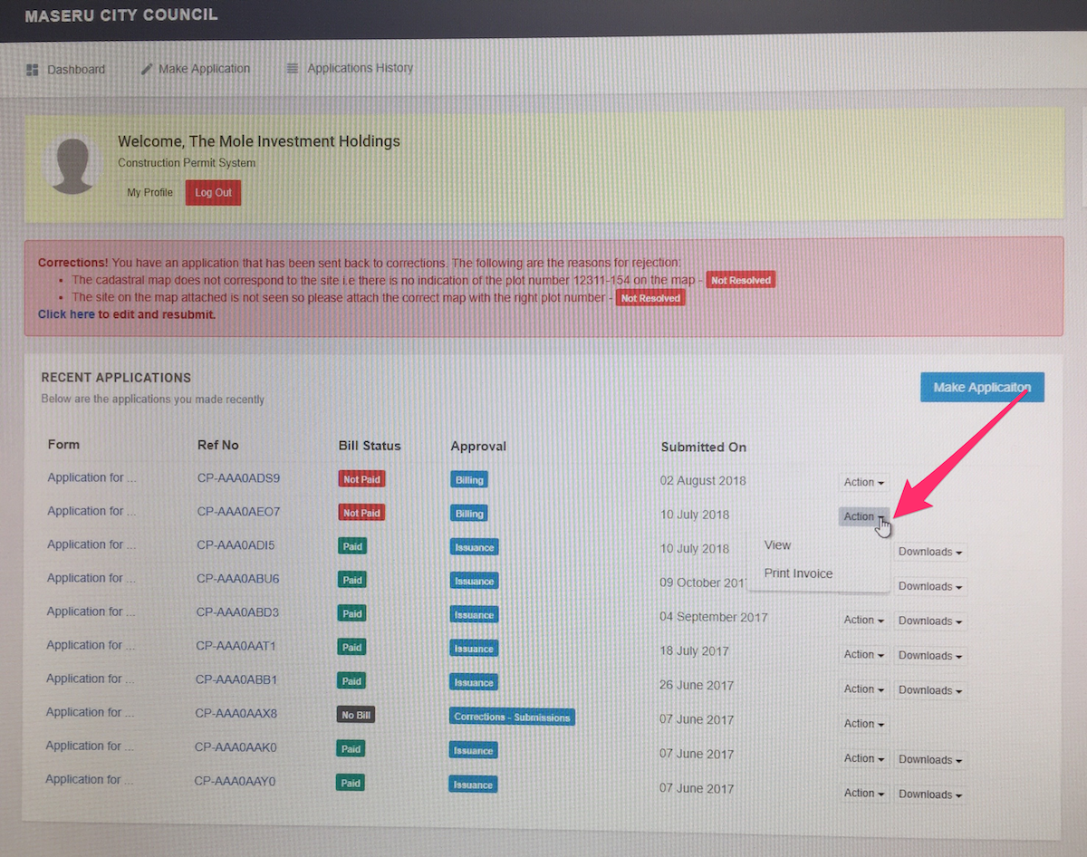 MCC CP Portal - Downloading invoice