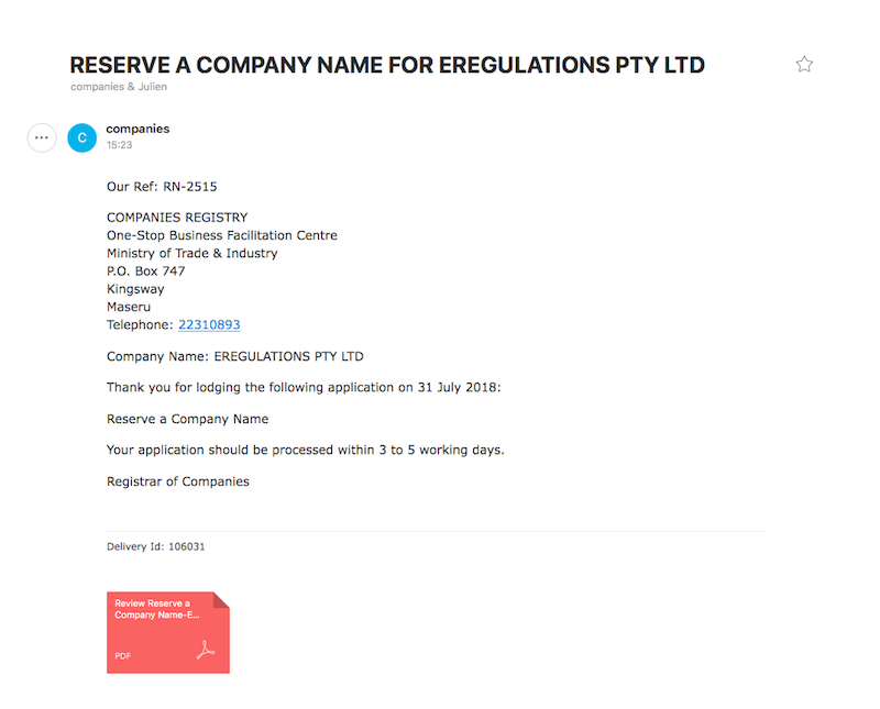 name reservation confirmation mail application