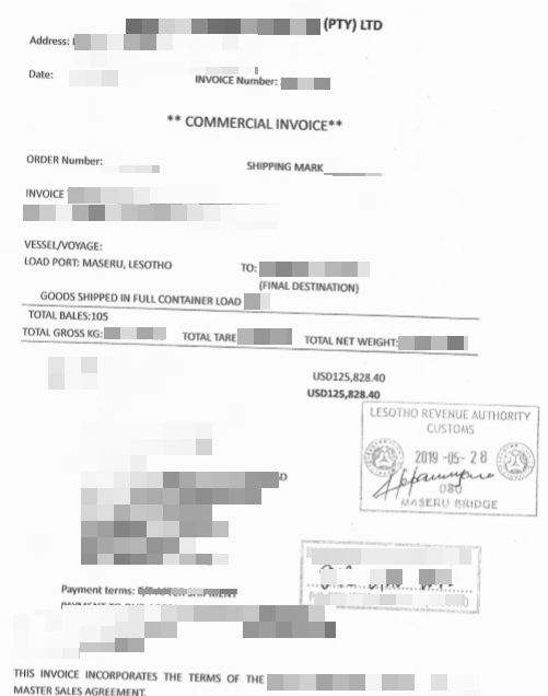 commercial invoice stamped at customs clearance office