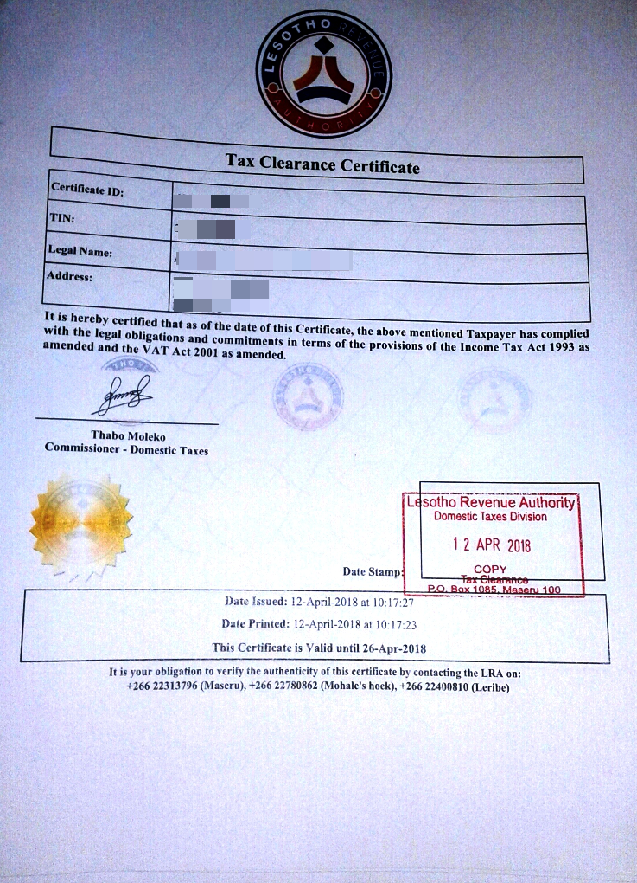 tax clearance certificate 14 days